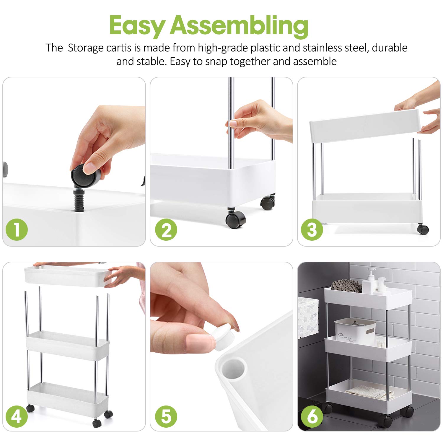 KPX Bathroom Rolling Storage Cart with Wheels Kitchen Utility Cart Casters Mobile Laundry Organizer Shelves for Room Organizers, Make Up, Home School, Dorm Room Office Essentials (3-Tier, White)