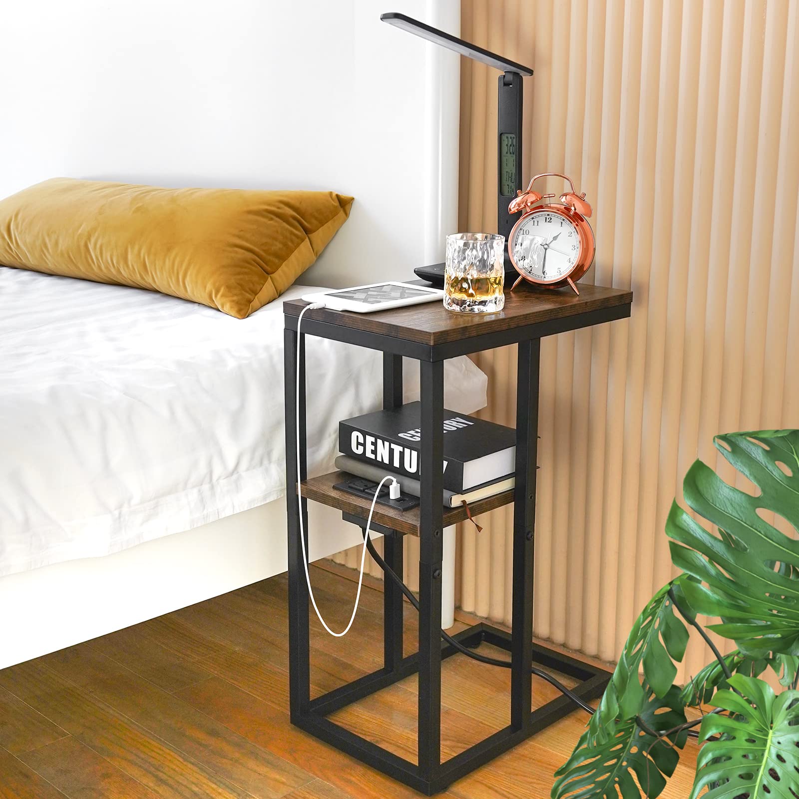 Yoobure C Shaped End Table with Charging Station, Small Side Tables for Living Room, Bedroom, Sofa Table with USB Ports and Outlets for Small Spaces, C Couch Table Rustic Snack Table Bed Side Table