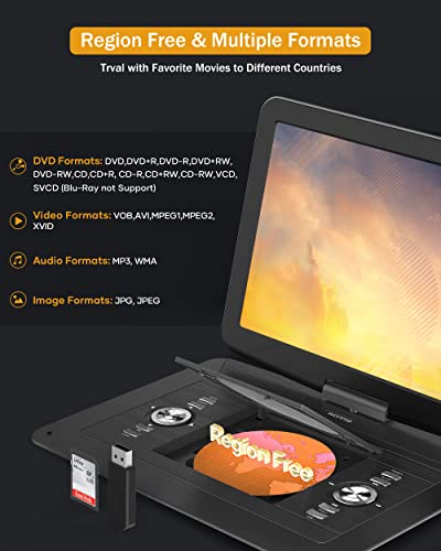 WONNIE 17.9’’ Large Portable DVD/CD Player with 6 Hrs 5000mAH Rechargeable Battery, 15.4‘’ Swivel Screen,1366x768 HD LCD TFT, Regions Free, Support USB/SD Card/ Sync TV , High Volume Speaker