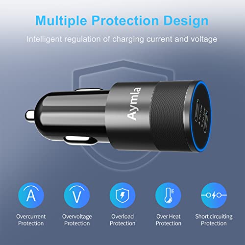 [Apple MFi Certified] Aymla Dual 20W USB C Fast Car Charger for iPhone 14 Pro Max/14 Plus/13/12/mini/11/XS/XR/X/8/Plus, 40W PD Cigarette Lighter Adapter with 2 Pack Type C to Lightning Cable 3.3ft