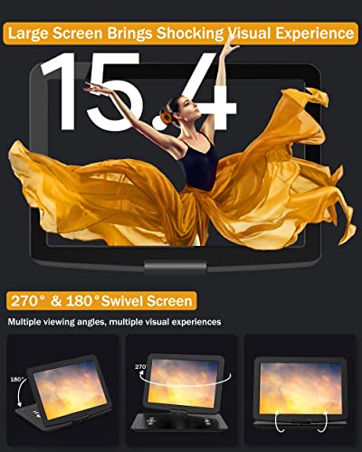 WONNIE 17.9’’ Large Portable DVD/CD Player with 6 Hrs 5000mAH Rechargeable Battery, 15.4‘’ Swivel Screen,1366x768 HD LCD TFT, Regions Free, Support USB/SD Card/ Sync TV , High Volume Speaker
