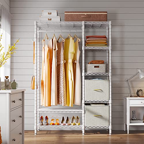 VIPEK V7 Wire Garment Rack 6 Tiers Heavy Duty Clothes Rack with 2 Fabric Drawers, Freestanding Wardrobe Closet Metal Clothing Rack for Hanging Clothes, 44.9"L x 16.5"W x 76.4"H, Max Load 730LBS, White