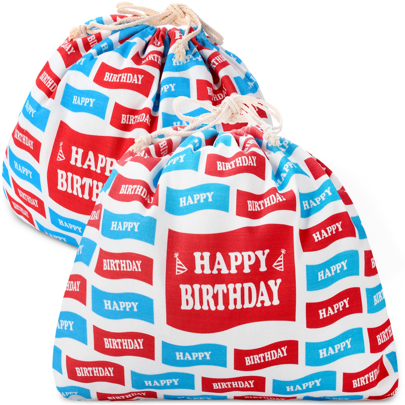 2 Pieces 20×16 inch Large Birthday Drawstring Gift Bag Canvas Gift Bags with Drawstring Printed with Red and Blue Happy Birthday Flags Drawstring Gift Bag for Kids Grandchildren Friends