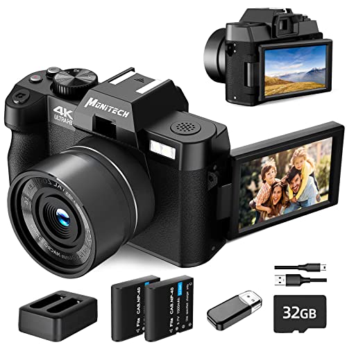 Monitech Digital Camera for Photography and Video, 4K 48MP Vlogging Camera for YouTube with 180° Flip Screen,16X Digital Zoom,32GB TF Card, 2 Batteries