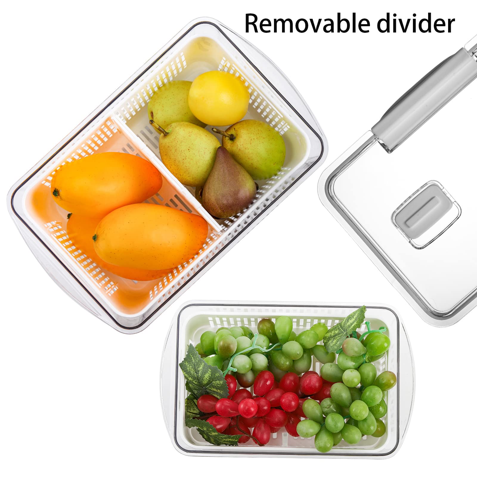 Cedilis 3 Pack Plastic Produce Saver Container, Vegetable Storage Containers for Refrigerator, Fruit Storage Organizer Bins with Divider, Fridge Container Box, White(Not Dishwasher Safe