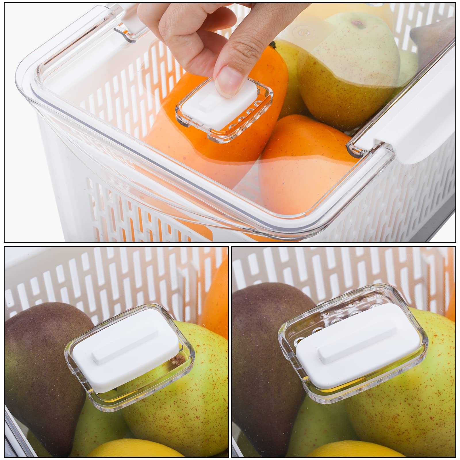 Cedilis 3 Pack Plastic Produce Saver Container, Vegetable Storage Containers for Refrigerator, Fruit Storage Organizer Bins with Divider, Fridge Container Box, White(Not Dishwasher Safe