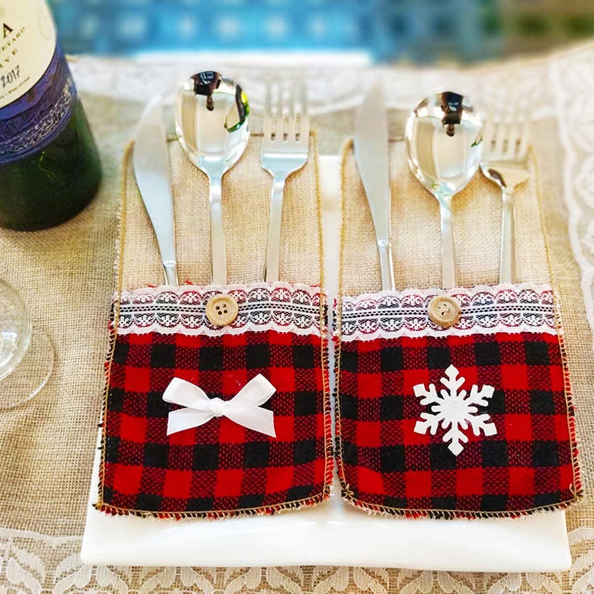 Vanteriam Natural Burlap Cutlery Holder Pouch Bags with Lace Trim, Knife and Fork Silverware Hold Bag, Christmas Utensil Holder Table Decoration for Christmas and Wedding Party 12 Pack