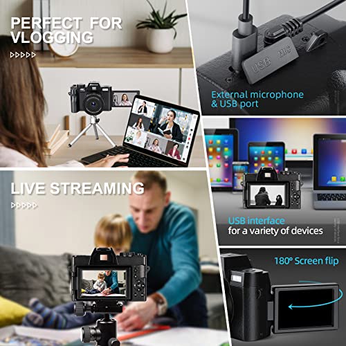 Monitech Digital Camera for Photography and Video, 4K 48MP Vlogging Camera for YouTube with 180° Flip Screen,16X Digital Zoom,32GB TF Card, 2 Batteries