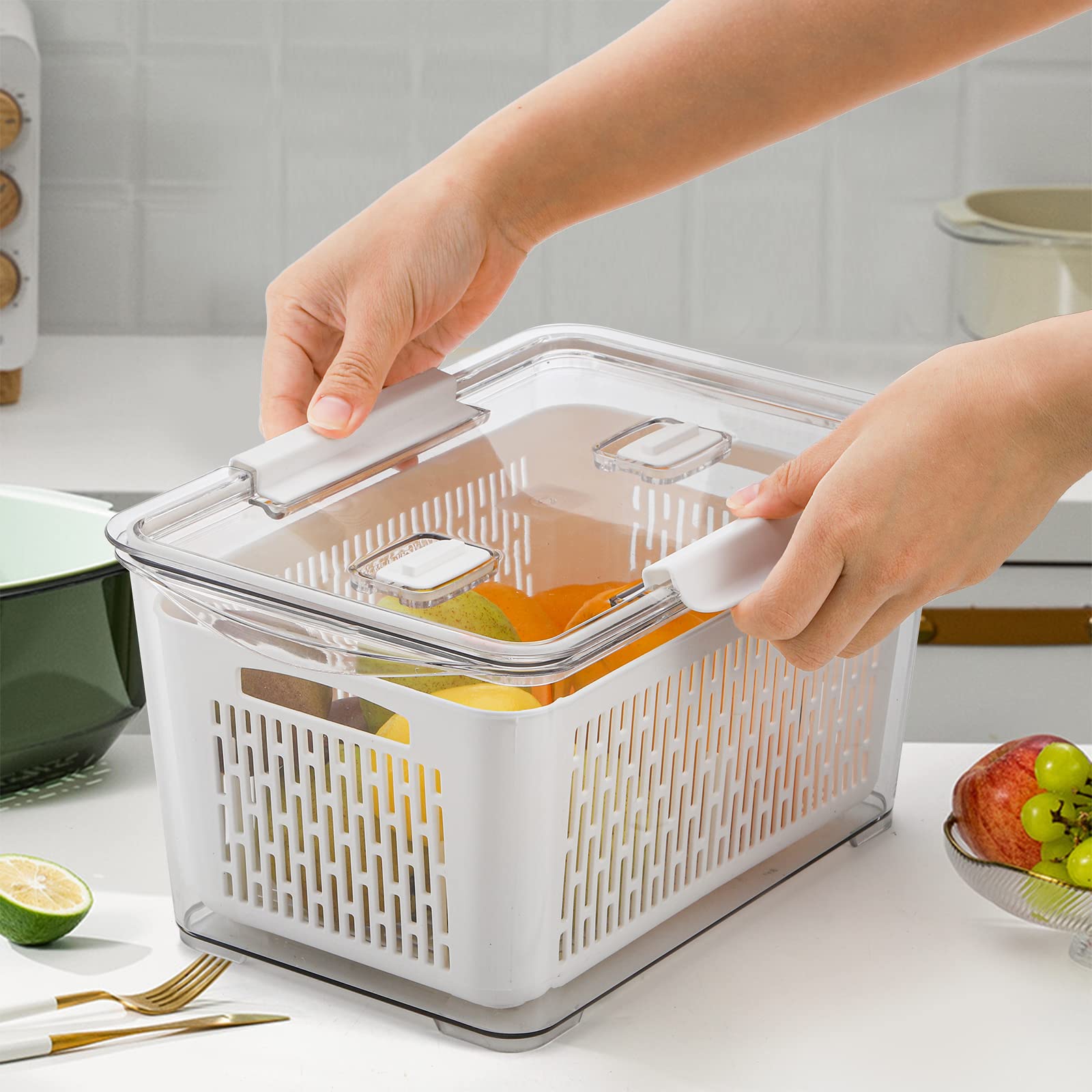 Cedilis 3 Pack Plastic Produce Saver Container, Vegetable Storage Containers for Refrigerator, Fruit Storage Organizer Bins with Divider, Fridge Container Box, White(Not Dishwasher Safe