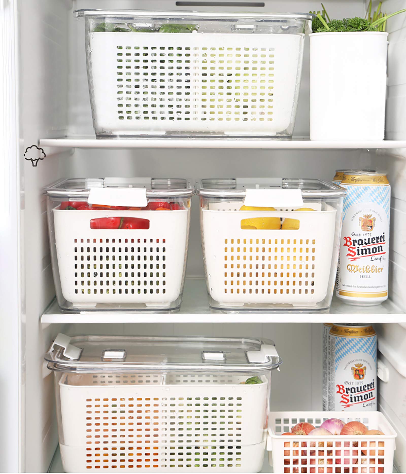 Cedilis 3 Pack Plastic Produce Saver Container, Vegetable Storage Containers for Refrigerator, Fruit Storage Organizer Bins with Divider, Fridge Container Box, White(Not Dishwasher Safe