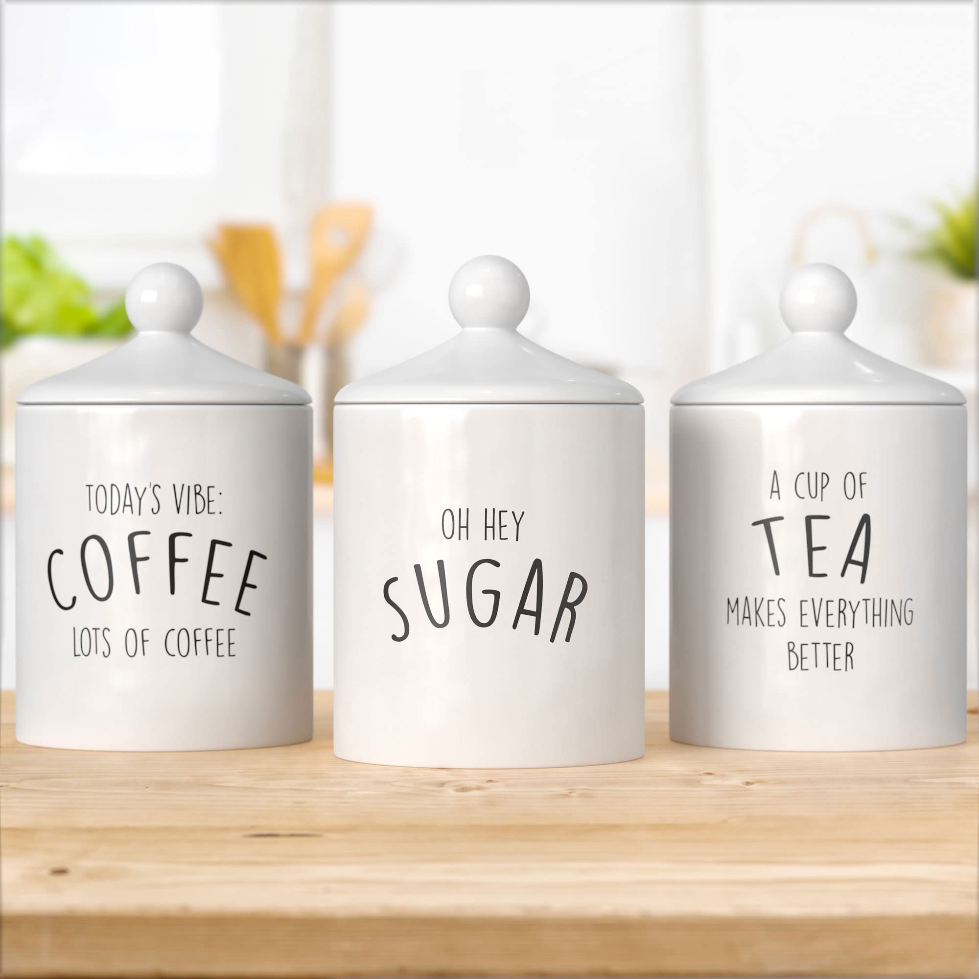Barnyard Designs Canister Sets for Kitchen Counter, Ceramic Canister Set, Decorative Kitchen Canisters, Coffee Tea Sugar Container Set, Rustic Farmhouse Canisters Ceramic Jar, White, Set of 3