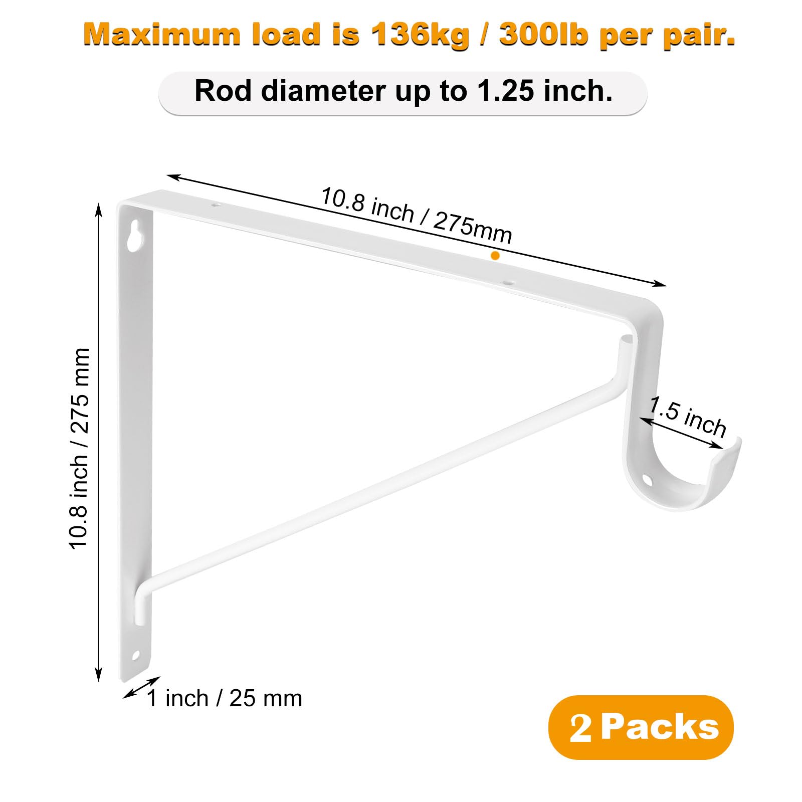 2 Pack Heavy Duty Closet Rod Brackets Holder 11 x 11 x 1 Inch, White Closet Rod Support Bracket Steel Closet Rod Holders for Hanging Clothes, Wall Mounted Shelf and Rod Support Brackets with Screws