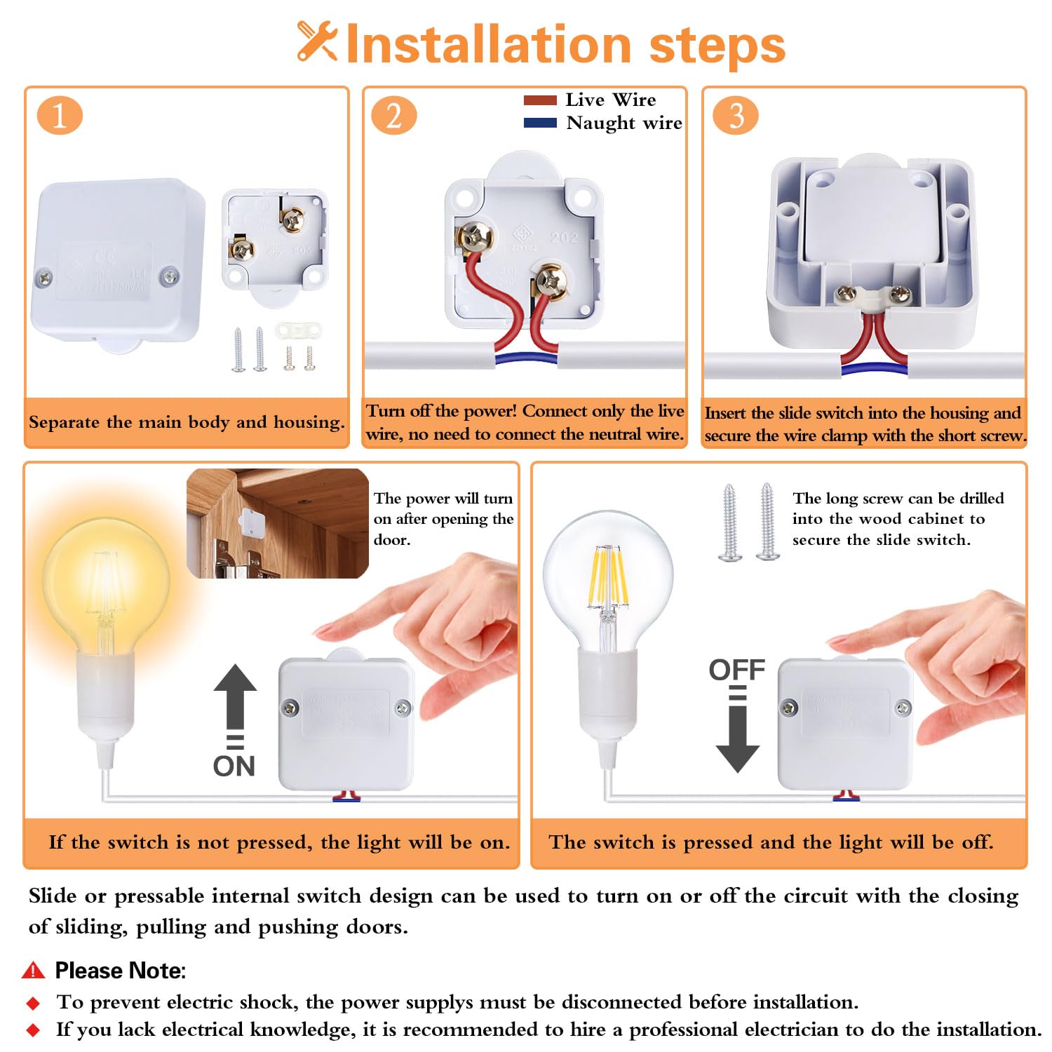 Helunsi Cabinet Door Lamp Switch, 2 Pack Door Switches for Closet Light, ON Off Normally Closed Wardrobe Touch Activated Switch, for Open Close Sliding Pressure Doors Drawers Automatic Switch - White