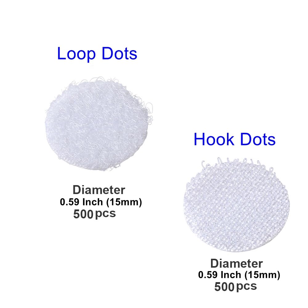 Self Adhesive Dots, 1000Pcs(500 Pair Set) 0.59 Inch / 15mm Diameter Hook and Loop Dots Tape, 15mm Nylon Sticky Back Coins, Suitable for Classroom, Office, Home, White