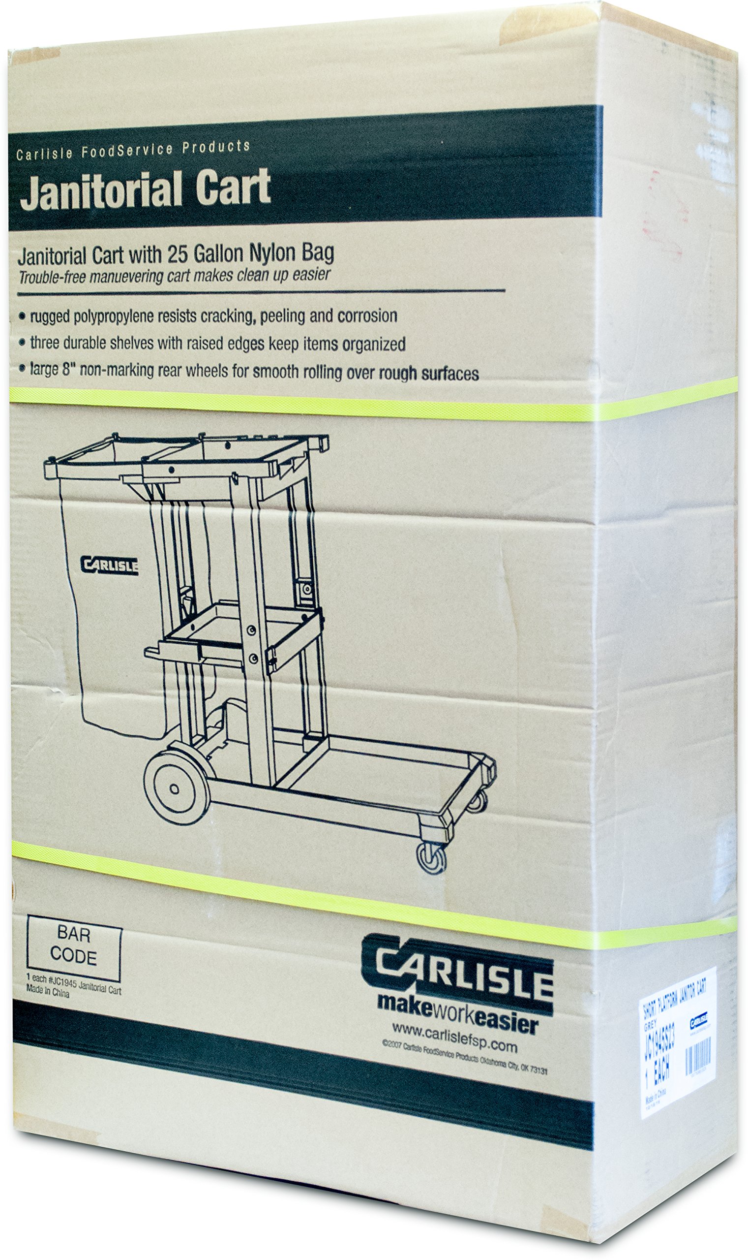 Carlisle FoodService Products Plastic Short Platform Janitorial Cart, 300 lbs Capacity, 45" x 19" x 39", Gray
