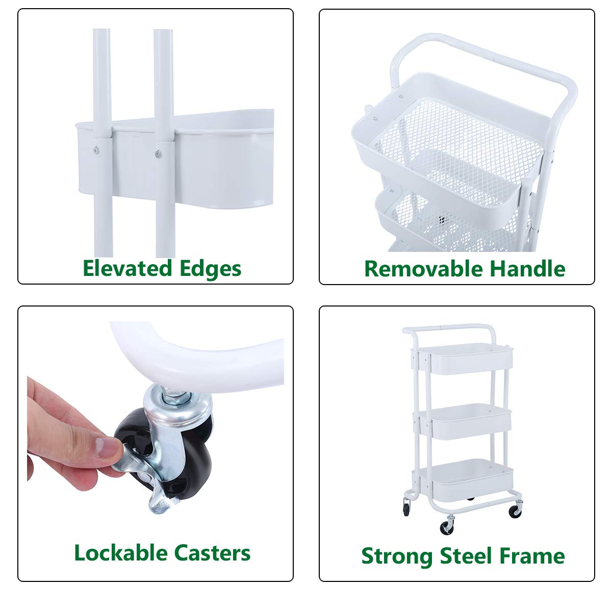 3-Tier Metal Mesh Rolling Cart Storage Organizer with Utility Handle and Wheels, White