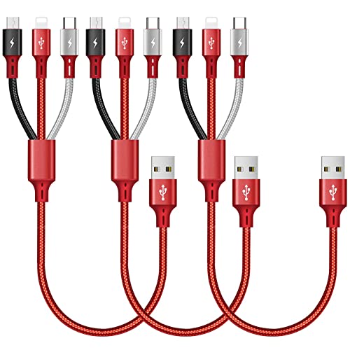 Short Multi Charging Cable 3A 3Pack Multiple USB Fast Charger Cable for IP/Micro-USB/Type-C Ports for Cell Phones/Tablets/Samsung Galaxy/LG/Google Pixel/Huawei/HTC/OnePlus/Sony/Moto/Ps4 (1ft/35cm)
