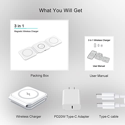ZEROGOGO 3 in 1 Wireless Charger Station for Apple Multiple Devices, Magnetic Foldable Charging Pad, Compatible with iPhone 14/Pro/Max/Plus/13/12, iWatch, AirPods 3/2/Pro (PD20W Adapter Inclduded)