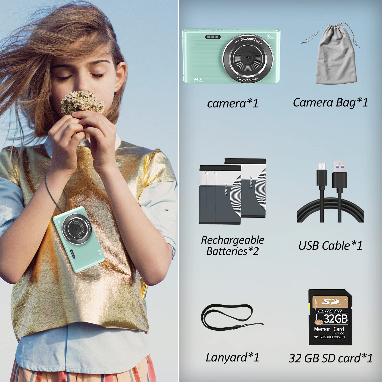 VJIANGER 4K Digital Camera 44MP Point and Shoot Camera with 16X Digital Zoom 2.4 Inch Kids Camera with 32GB SD Card Vlogging Camera for Teens Students Boys Girls Seniors(DC6-X3 Green2)