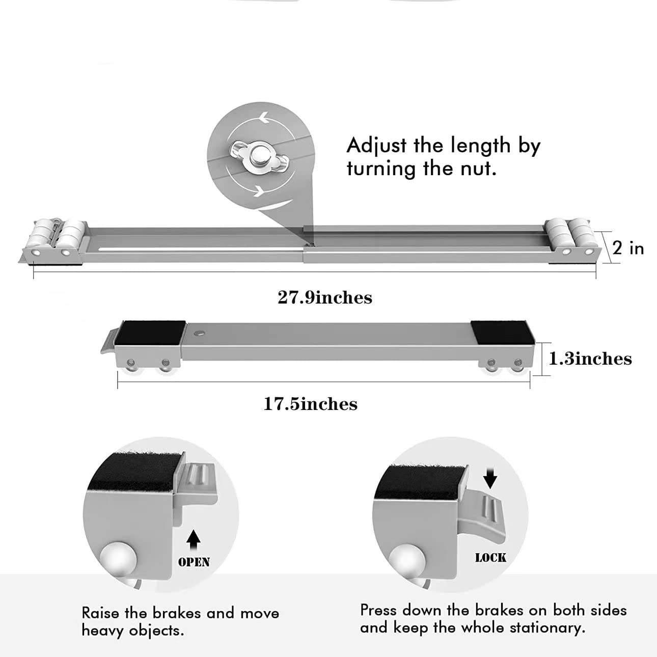 Furniture Dolly Mobile Roller with Locking Wheels, Extendable Appliance Rollers Mobile Washing Machine Base, Fridge Stand Moving Cart for Washers, Refrigerators, Dryers, Dishwashers (Gray)