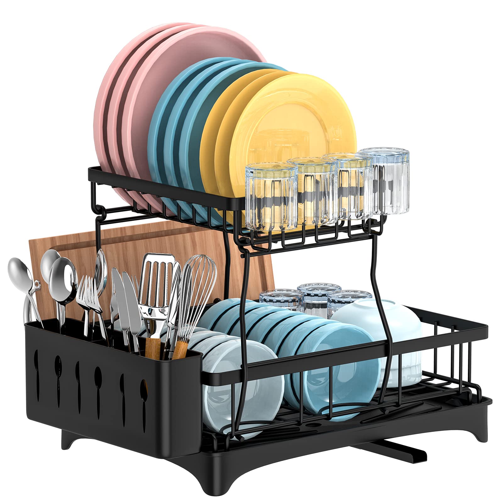 FUNNy elf Dish Drying Rack, 2-Tier Large Dish Racks for Kitchen Counter, Rust-Proof Dish Drainer with Drying Board , Stainless Steel Dish Rack with Removable Utensil Holder