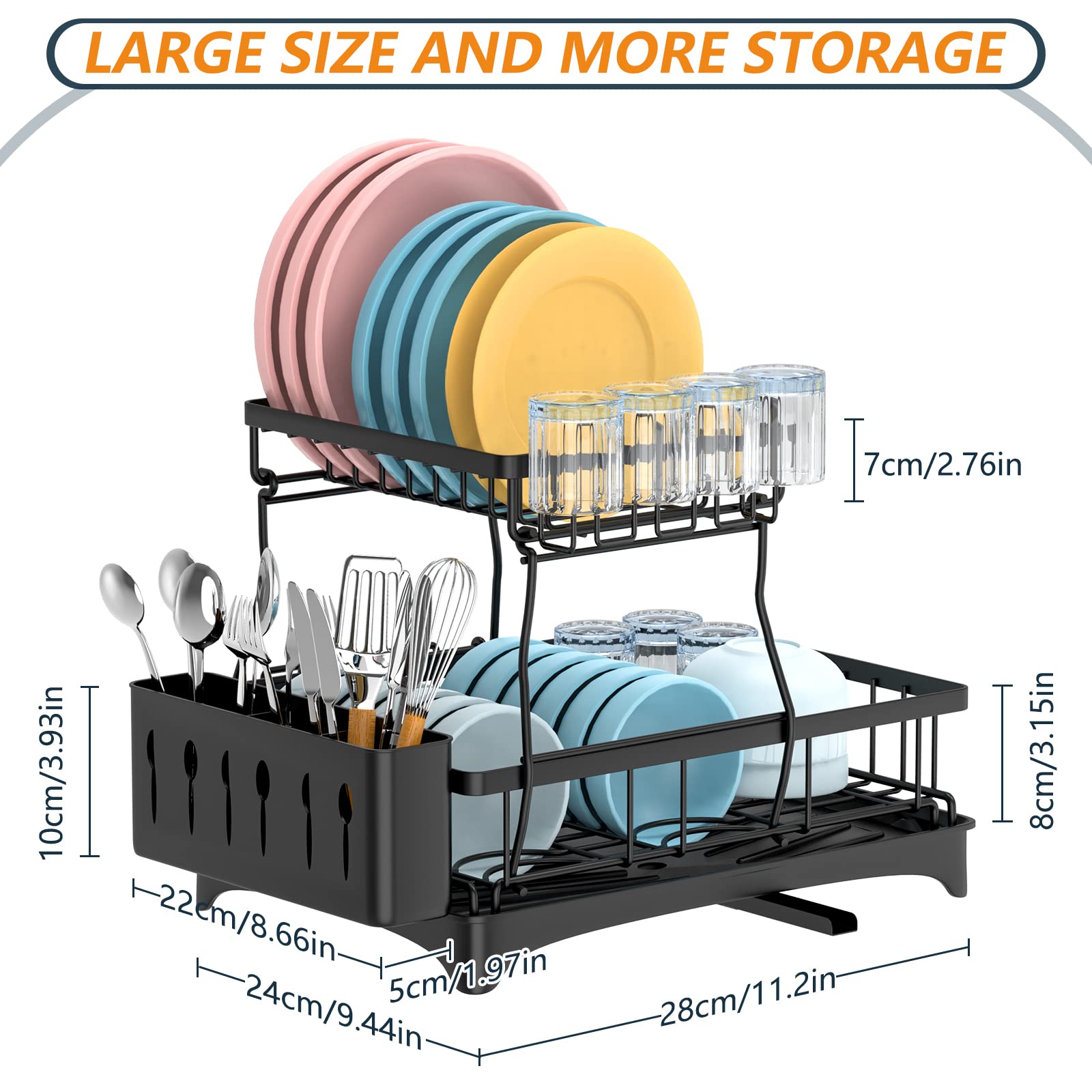 FUNNy elf Dish Drying Rack, 2-Tier Large Dish Racks for Kitchen Counter, Rust-Proof Dish Drainer with Drying Board , Stainless Steel Dish Rack with Removable Utensil Holder