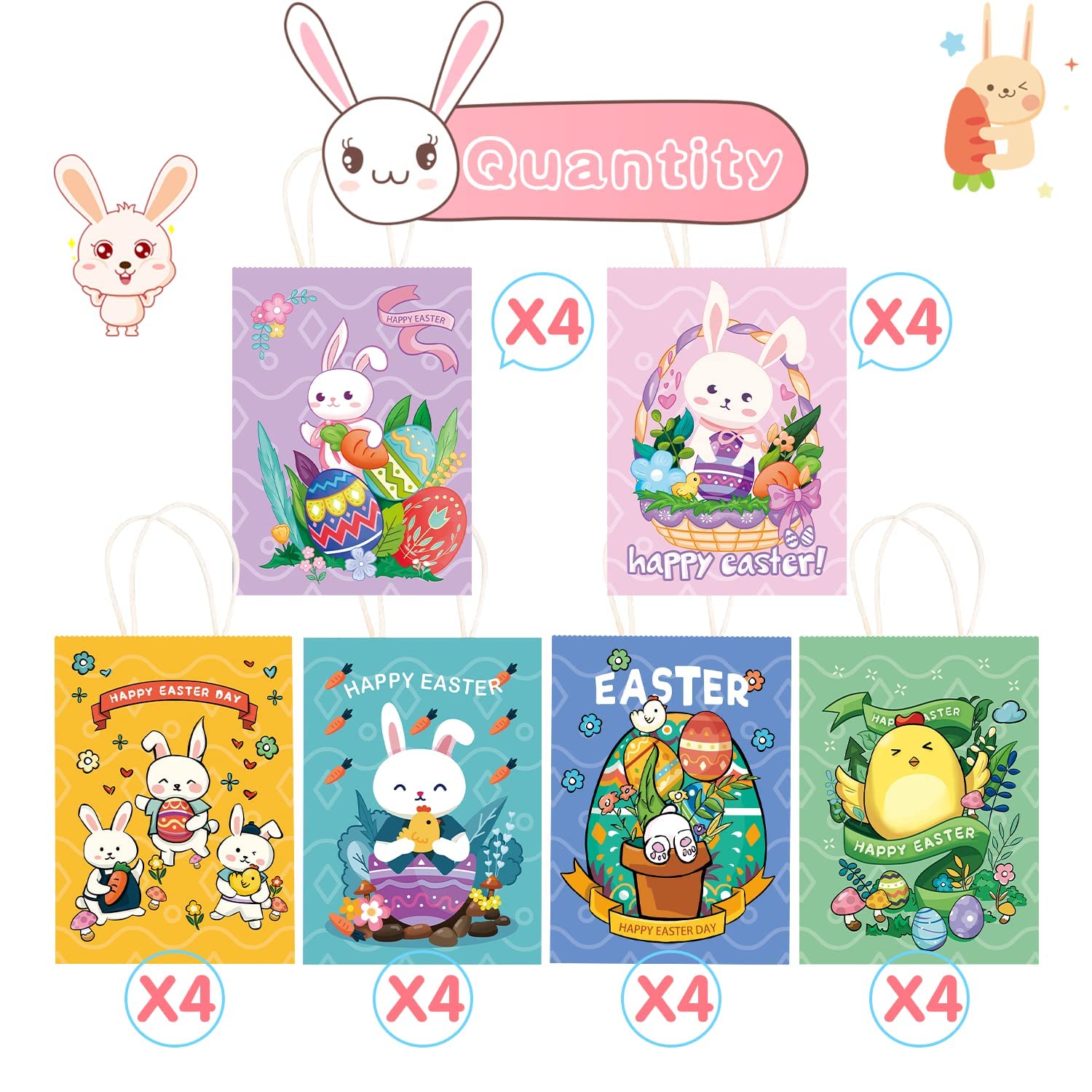 KINQKESO 24 PCS Easter Gift Bags,Easter Bags with Handles for Easter Egg Hunt,Easter Treat Bags with Happy Easter Eggs Bunny Designs for Kids Easter Party Favor Supplies