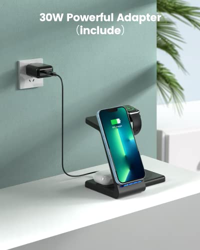 Charging Station for Multiple Devices Apple, 4 in 1 Wireless Charger Station, with Qi-Certified 30W Charging Dock for Apple Watch 7 6 SE 5 4 3, iPhone 14 13 12 11 Pro, Pro Max, Mini, AirPods Pro 3, 2