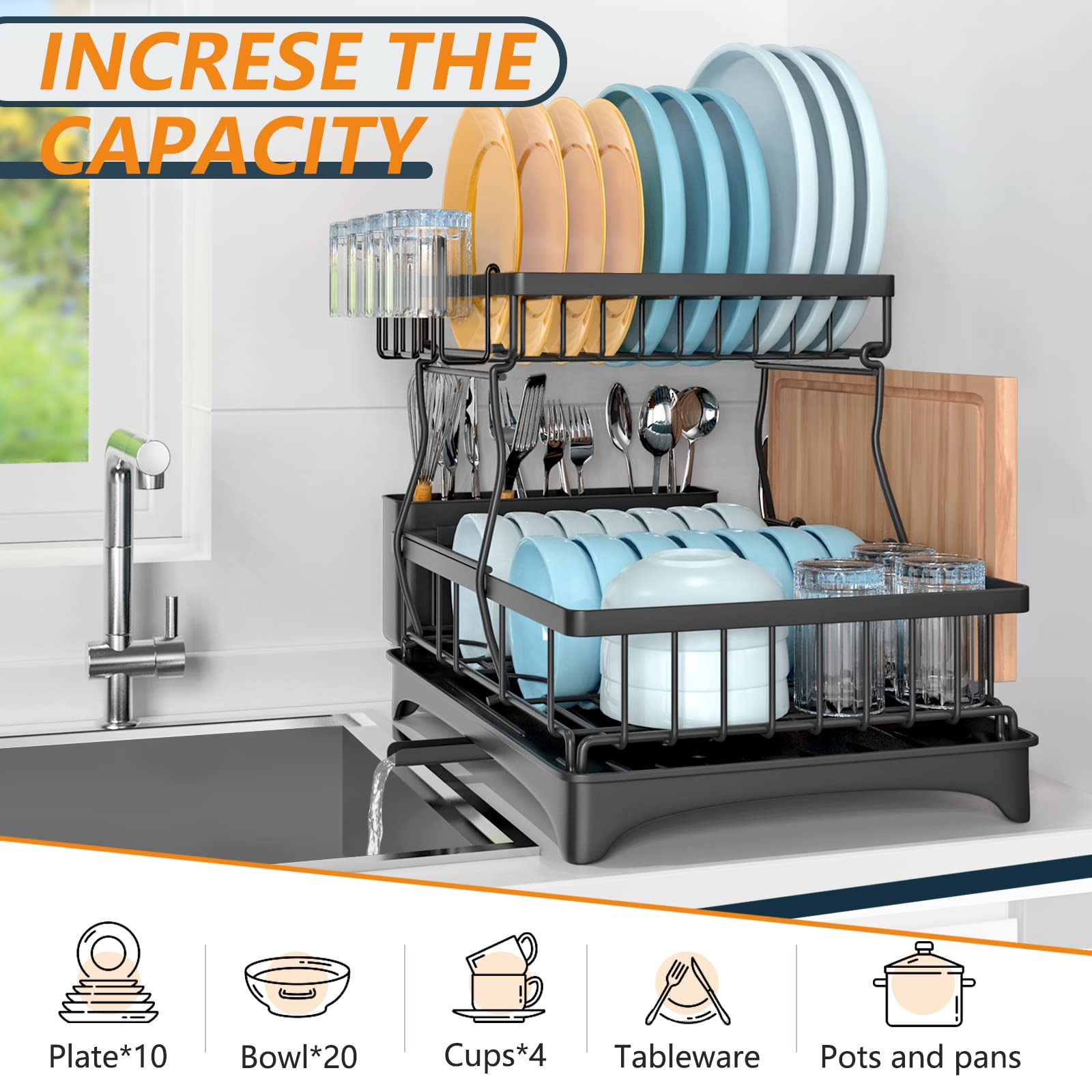 FUNNy elf Dish Drying Rack, 2-Tier Large Dish Racks for Kitchen Counter, Rust-Proof Dish Drainer with Drying Board , Stainless Steel Dish Rack with Removable Utensil Holder