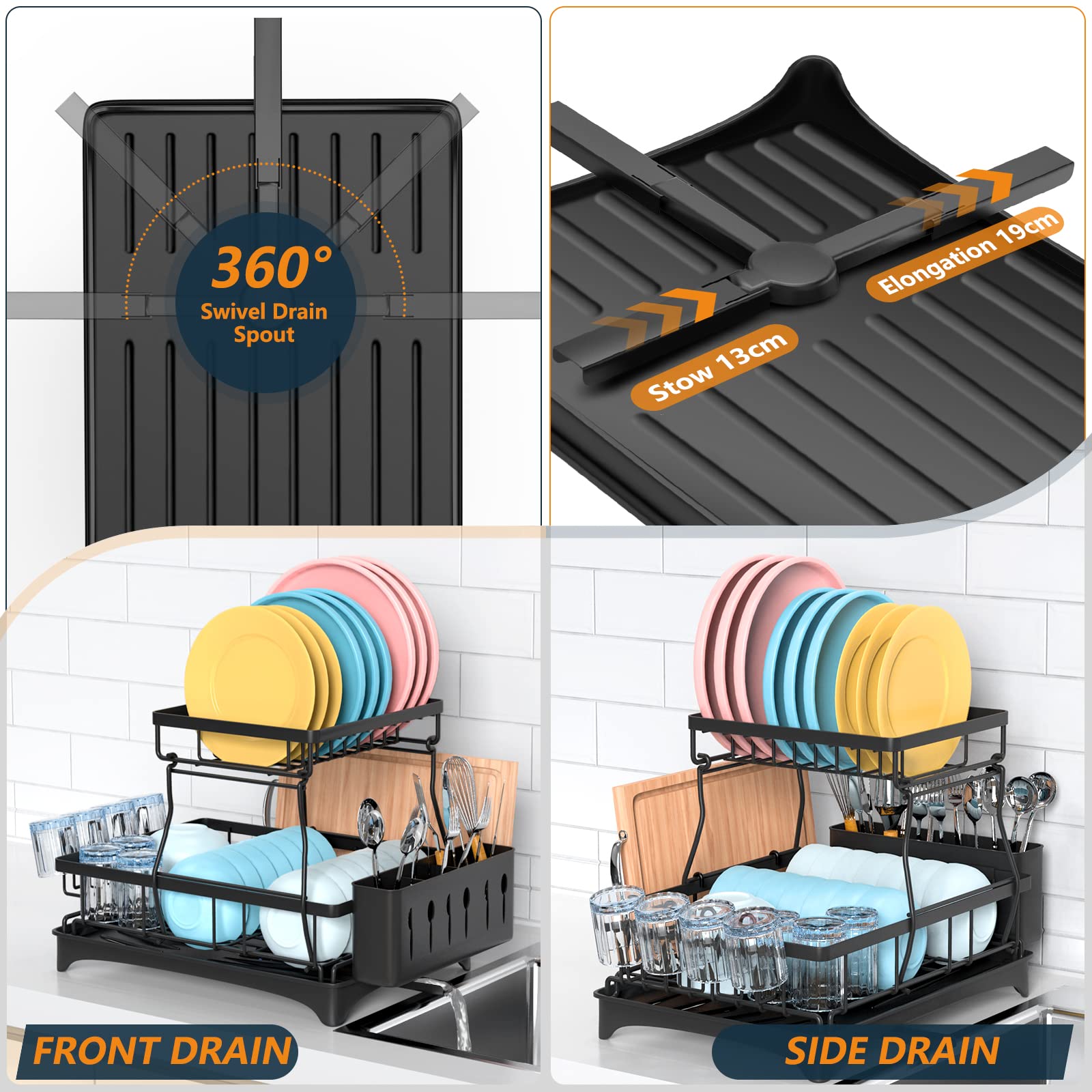 FUNNy elf Dish Drying Rack, 2-Tier Large Dish Racks for Kitchen Counter, Rust-Proof Dish Drainer with Drying Board , Stainless Steel Dish Rack with Removable Utensil Holder