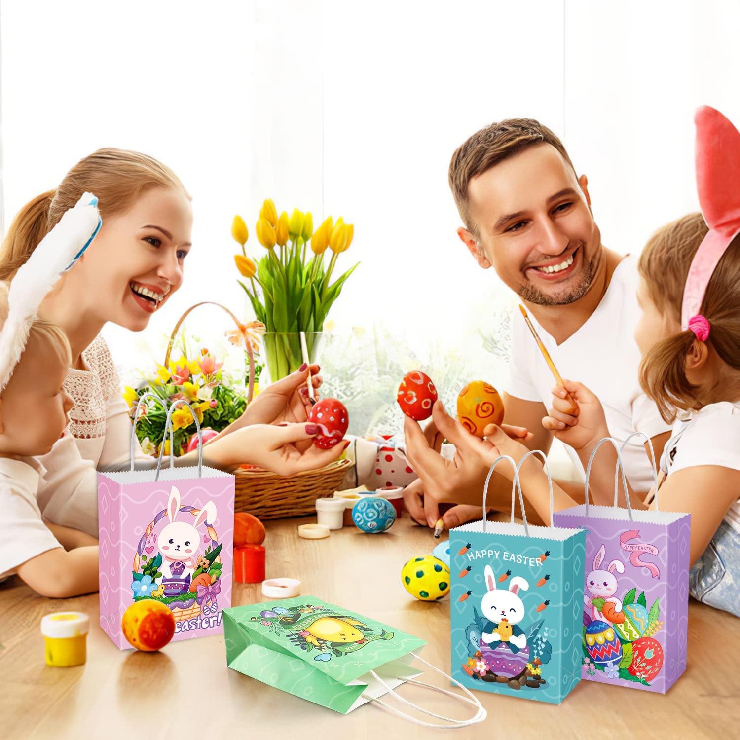 KINQKESO 24 PCS Easter Gift Bags,Easter Bags with Handles for Easter Egg Hunt,Easter Treat Bags with Happy Easter Eggs Bunny Designs for Kids Easter Party Favor Supplies