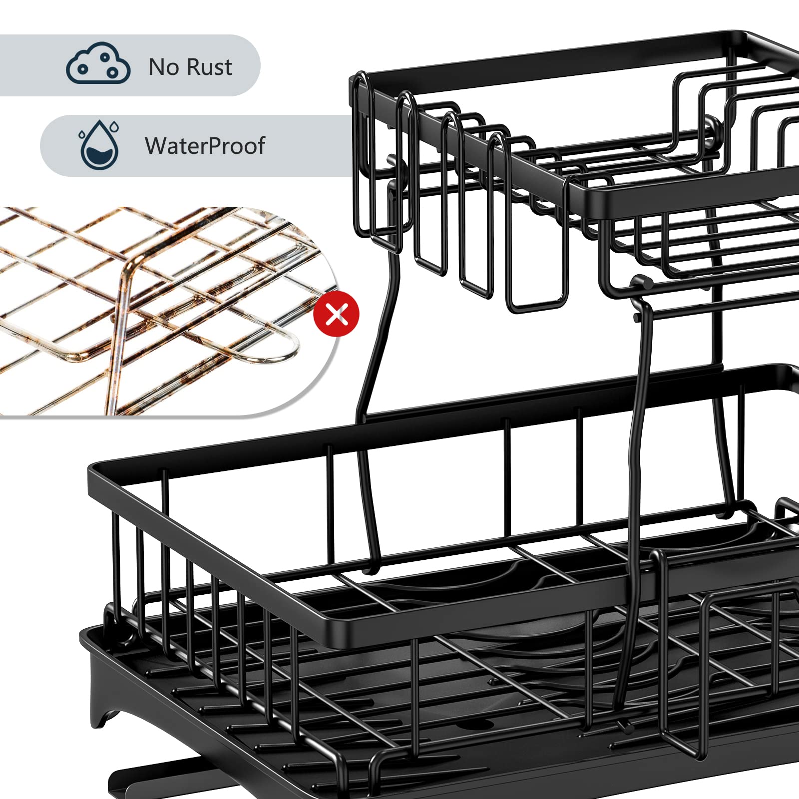 FUNNy elf Dish Drying Rack, 2-Tier Large Dish Racks for Kitchen Counter, Rust-Proof Dish Drainer with Drying Board , Stainless Steel Dish Rack with Removable Utensil Holder