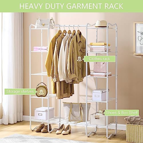 Gewudraw Wardrobe Closet with 8 Metal Shelves, Freestanding Garment Rack, Heavy Duty Clothing Rack For Hanging Clothes, Portable Clothes Rack, Closet Organizer White