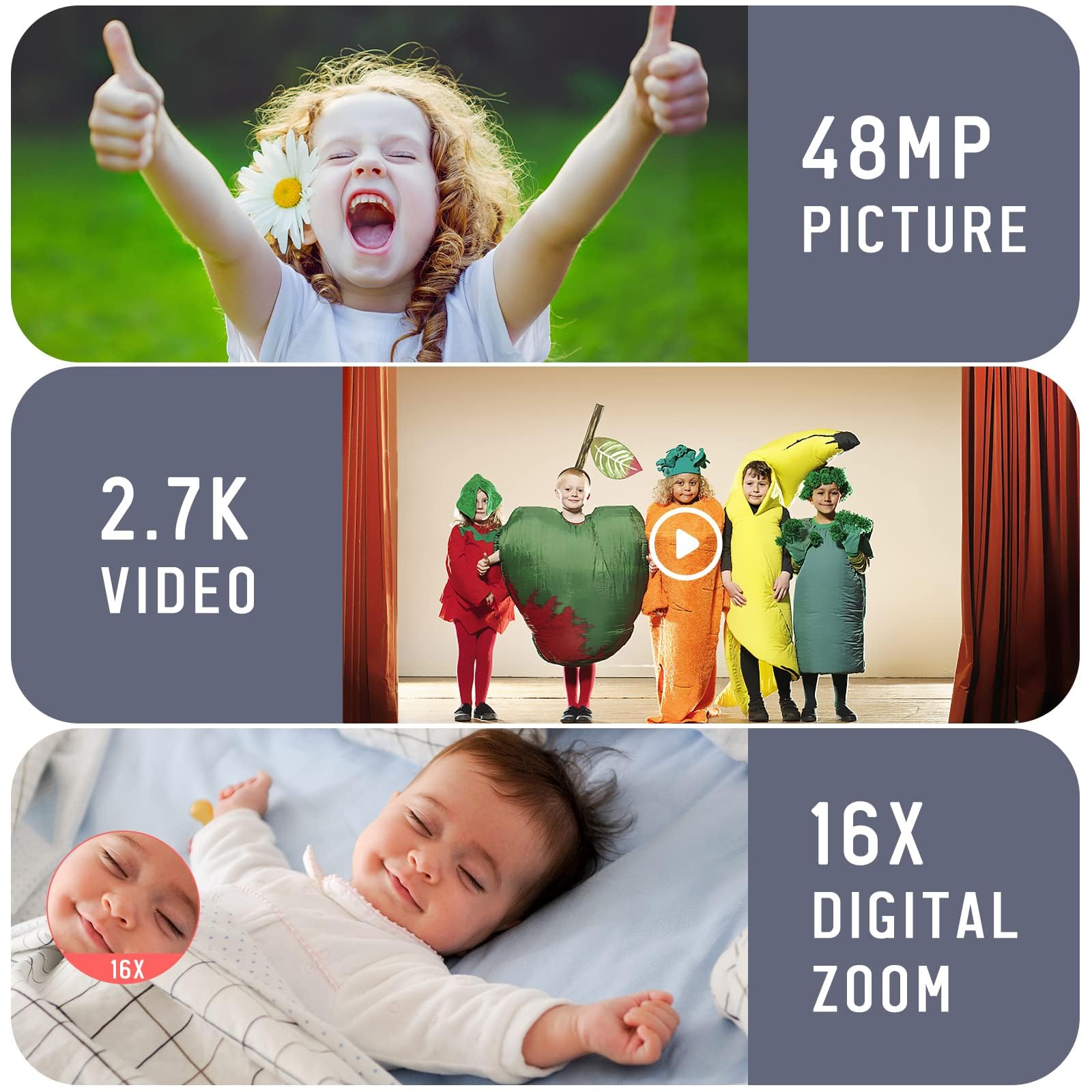 JHAMAL Digital Camera for Kids, 2.7K, 16X Zoom, 32GB SD Card & 2 Batteries (Black)