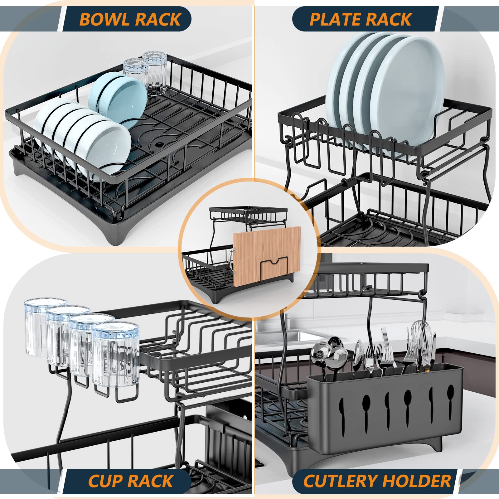FUNNy elf Dish Drying Rack, 2-Tier Large Dish Racks for Kitchen Counter, Rust-Proof Dish Drainer with Drying Board , Stainless Steel Dish Rack with Removable Utensil Holder