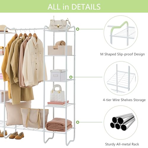 Gewudraw Wardrobe Closet with 8 Metal Shelves, Freestanding Garment Rack, Heavy Duty Clothing Rack For Hanging Clothes, Portable Clothes Rack, Closet Organizer White