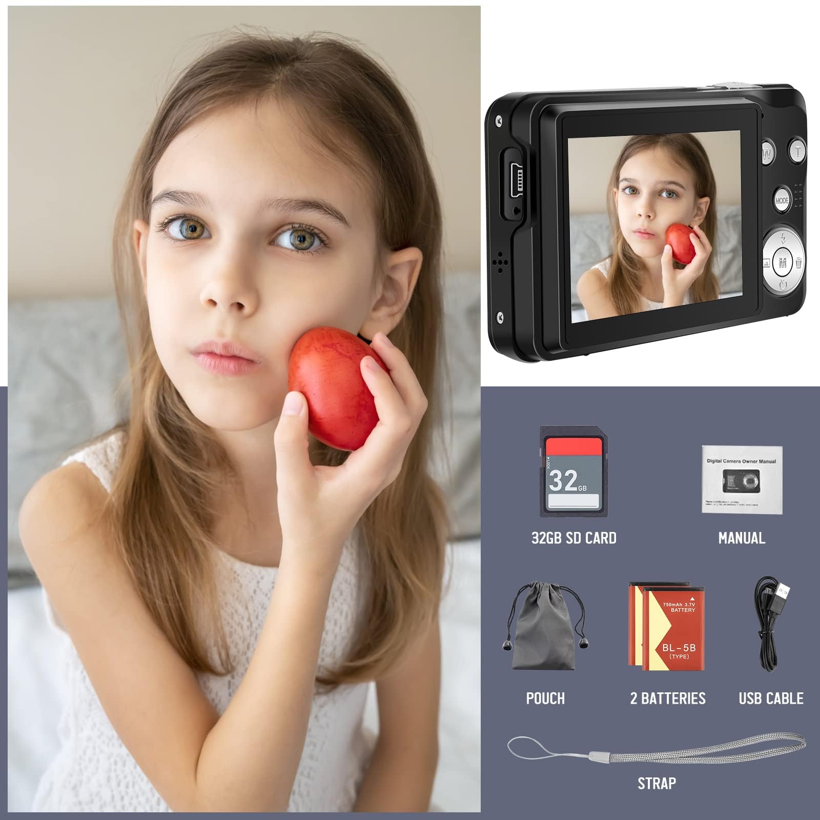 JHAMAL Digital Camera for Kids, 2.7K, 16X Zoom, 32GB SD Card & 2 Batteries (Black)