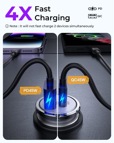 USB C Car Charger, [PD45W & QC45W]Dual Fast Ports Fast Charge Car Charger [All Metal & Mini]Cigarette Lighter Adapter for iPhone 14/13/12 Pro Max Samsung S22/21 Note20/10 Google Pixel, iPad Pro-Sliver