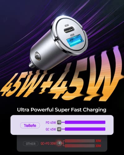 USB C Car Charger, [PD45W & QC45W]Dual Fast Ports Fast Charge Car Charger [All Metal & Mini]Cigarette Lighter Adapter for iPhone 14/13/12 Pro Max Samsung S22/21 Note20/10 Google Pixel, iPad Pro-Sliver