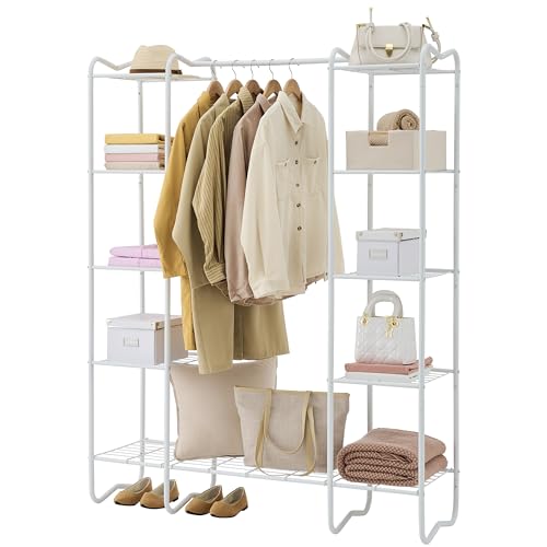 Gewudraw Wardrobe Closet with 8 Metal Shelves, Freestanding Garment Rack, Heavy Duty Clothing Rack For Hanging Clothes, Portable Clothes Rack, Closet Organizer White