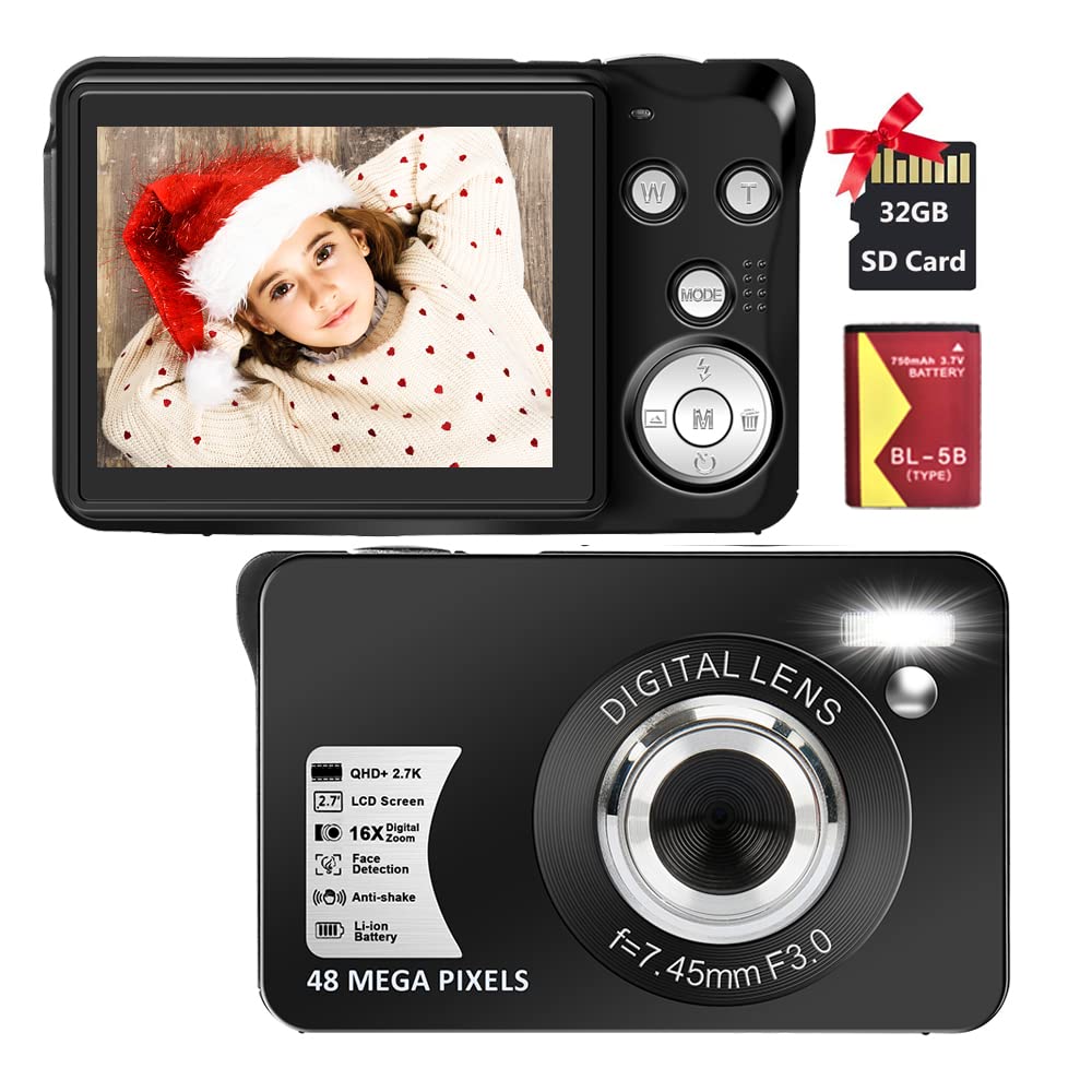 JHAMAL Digital Camera for Kids, 2.7K, 16X Zoom, 32GB SD Card & 2 Batteries (Black)