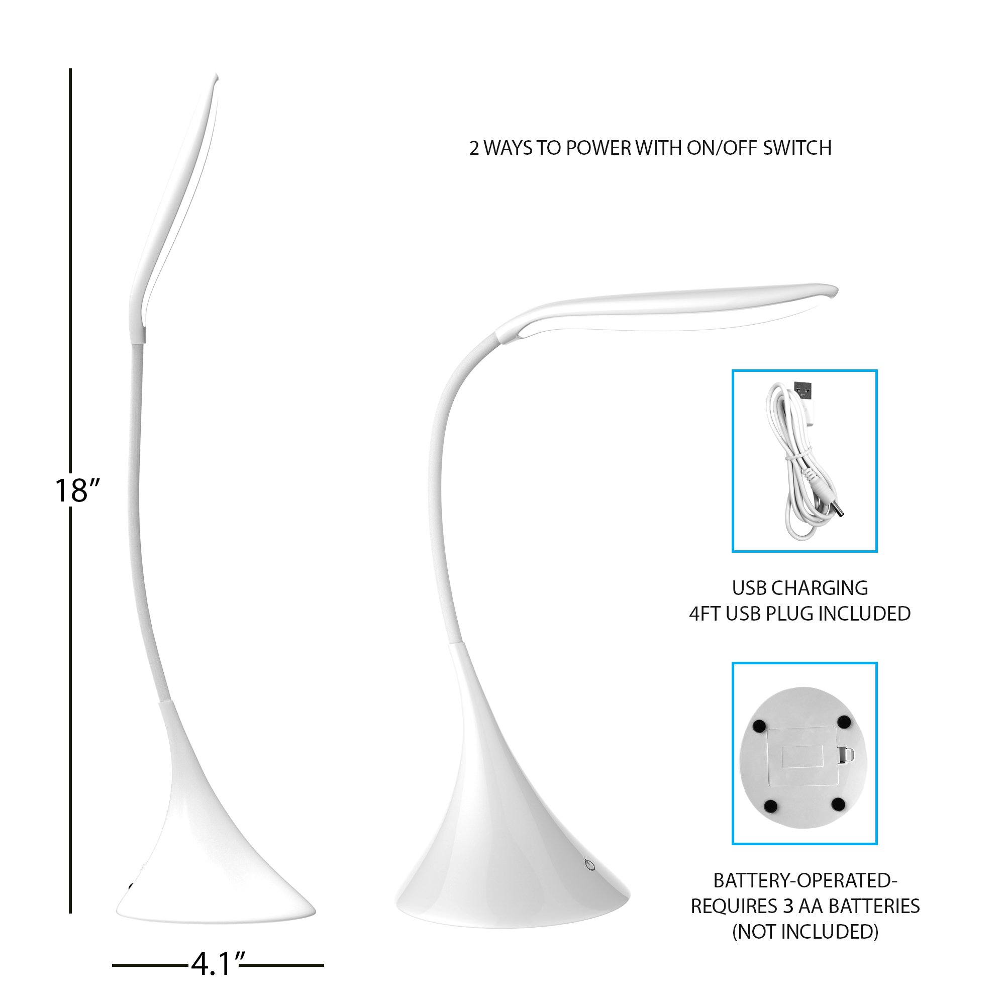 Amtone LED Swan Light Desk and Table Lamp, Flexible Gooseneck, USB and Battery Operated, 3 Way Touch Dimmer, 120 Lumens, White - Ideal for Reading, Writing, Studying and Crafts