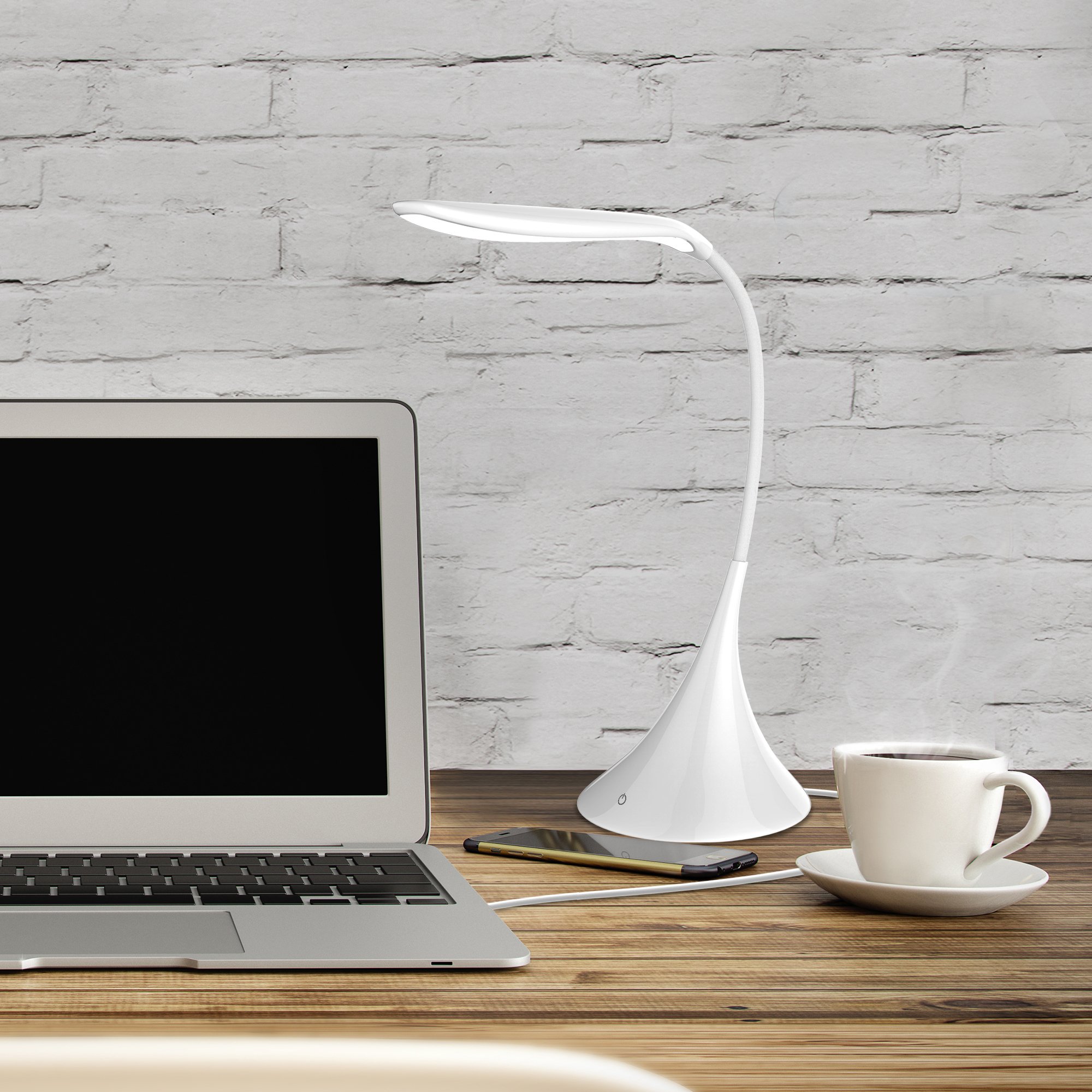 Amtone LED Swan Light Desk and Table Lamp, Flexible Gooseneck, USB and Battery Operated, 3 Way Touch Dimmer, 120 Lumens, White - Ideal for Reading, Writing, Studying and Crafts