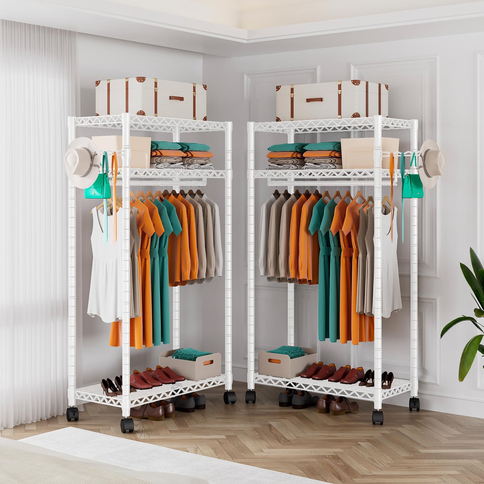 PUNION Heavy Duty Rolling Garment Rack,Portable Clothes Rack for Hanging Clothes,Clothing Rack,Wardrobe Storage Rack with 3 Shelves,1 Hang Rod,1 Side Hook,36" Lx18 Wx71 H, Max Load 500LBS, White,GR1
