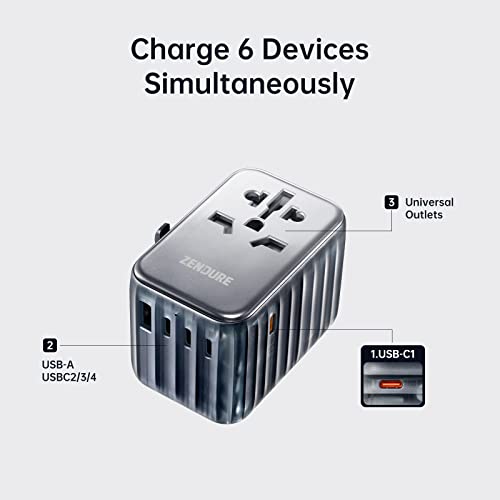 Zendure Universal Travel Adapter 65W PD Fast Charger 4 USB-C,1 USB-A, International Wall Charger AC Plug Adaptor All in One Worldwide Power Charger Compatible with Laptops iPad iPhone AirPods