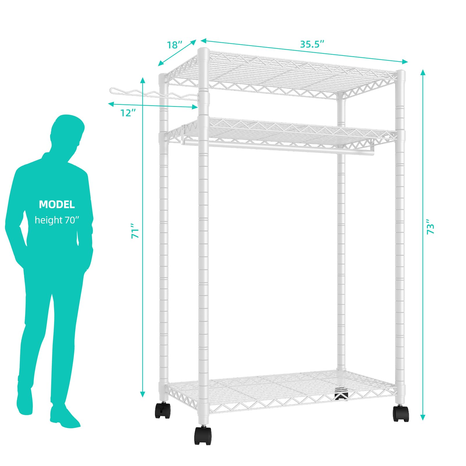 PUNION Heavy Duty Rolling Garment Rack,Portable Clothes Rack for Hanging Clothes,Clothing Rack,Wardrobe Storage Rack with 3 Shelves,1 Hang Rod,1 Side Hook,36" Lx18 Wx71 H, Max Load 500LBS, White,GR1
