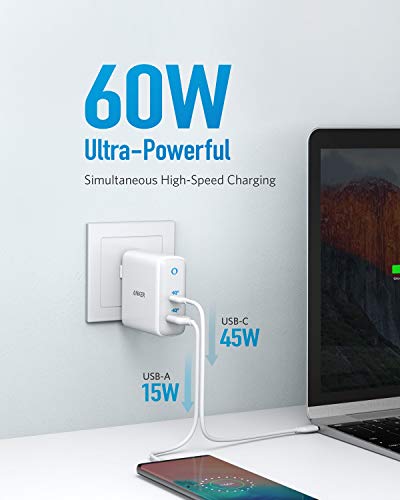 Anker 60W PIQ 3.0 & GaN Tech Dual Port Charger, PowerPort Atom III (2 Ports) Travel Charger with a 45W USB C Port, for USB-C Laptops, MacBook, iPad Pro, iPhone, Galaxy, Pixel and More