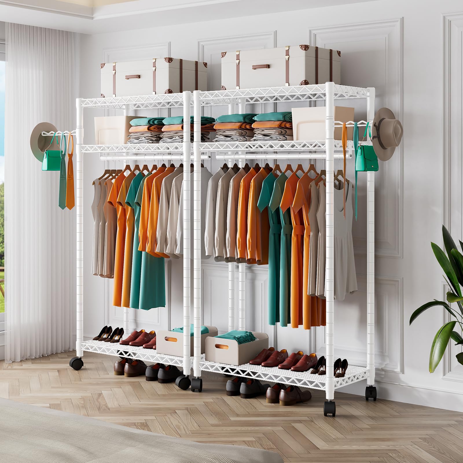 PUNION Heavy Duty Rolling Garment Rack,Portable Clothes Rack for Hanging Clothes,Clothing Rack,Wardrobe Storage Rack with 3 Shelves,1 Hang Rod,1 Side Hook,36" Lx18 Wx71 H, Max Load 500LBS, White,GR1
