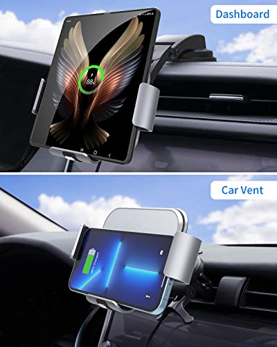JOYVEVA Dual Coil Wireless Car Charger for Galaxy Z Fold 4/3, Fast Charging Phone Holder for Galaxy Z Fold 2, Landscape Mobile Phone Mount for Galaxy Z Fold (Steel Gray)