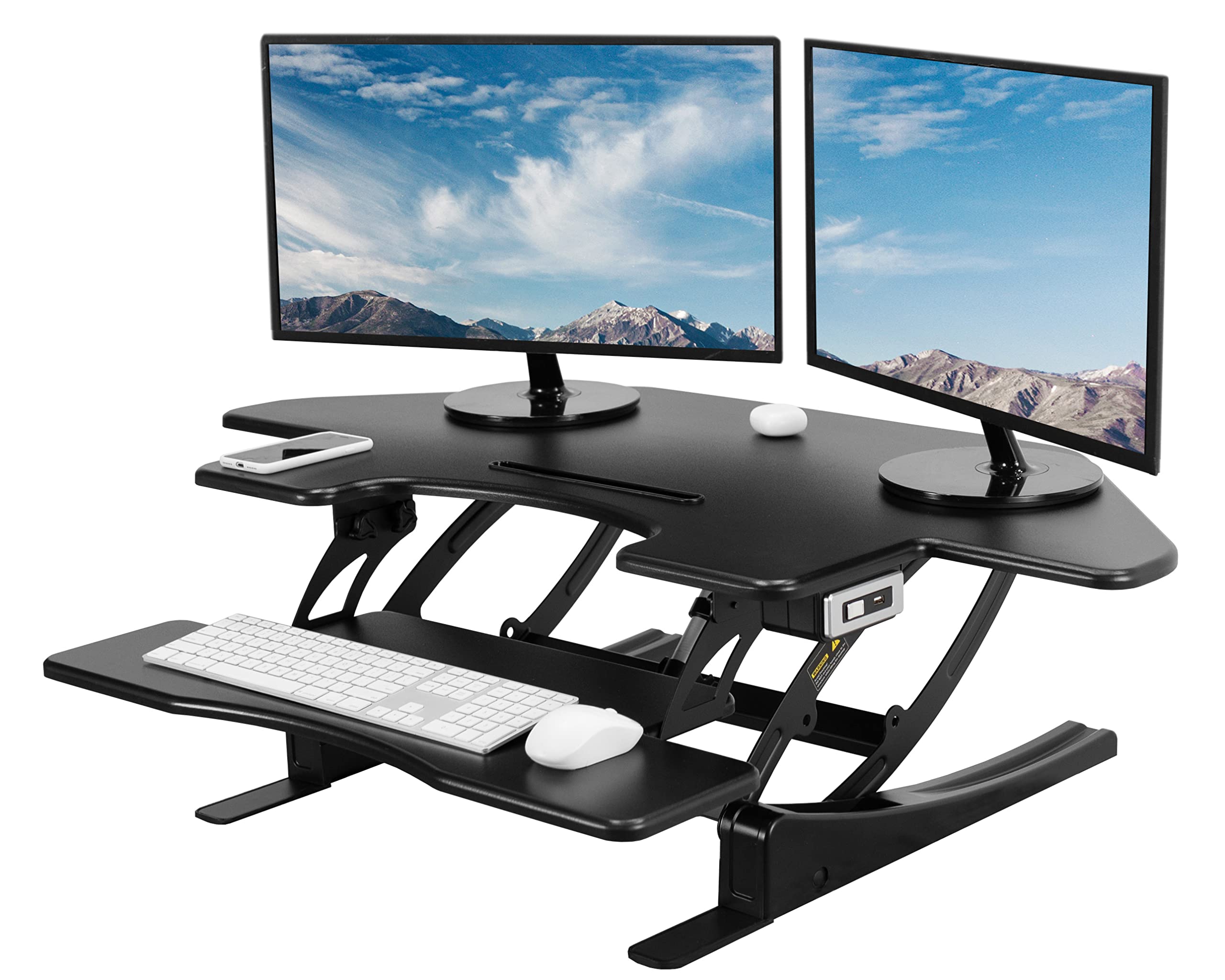 VIVO Black Electric Corner Height Adjustable 43 inch Cubicle Standing Desk Converter, Quick Sit to Stand Tabletop Dual Monitor Riser, DESK-V000VCE